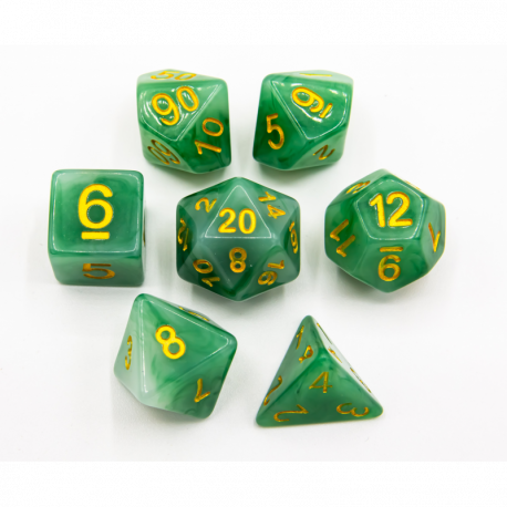 CHC: Green Set of 7 Jade Polyhedral Dice with Gold Numbers | Koros Wargames