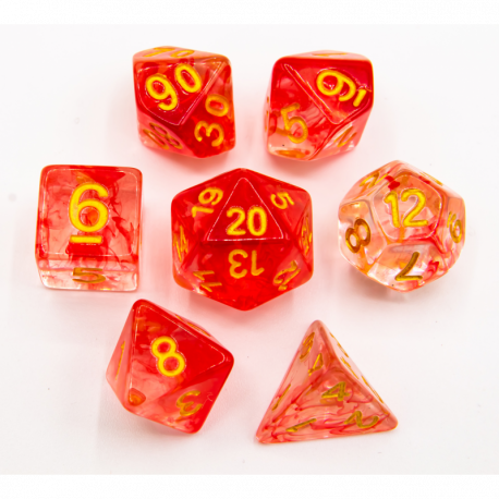CHC: Red Set of 7 Nebula Polyhedral Dice with Gold Numbers | Koros Wargames